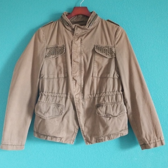 Zara | Jackets & Coats | Zara Basic Studded Tan Army Zipper Jacket ...